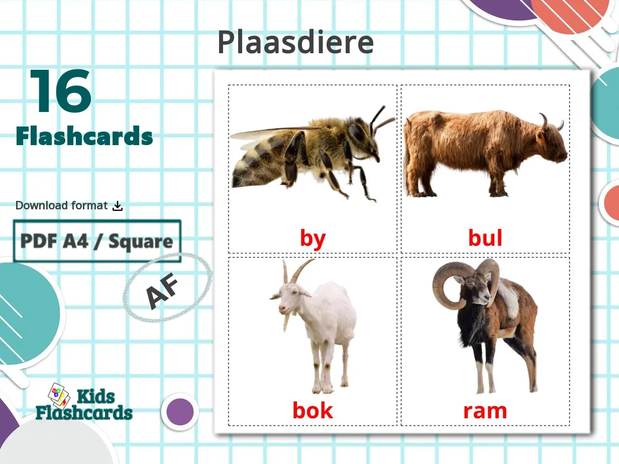 16 Printable Farm animals Flashcards in Afrikaans (Free PDF)