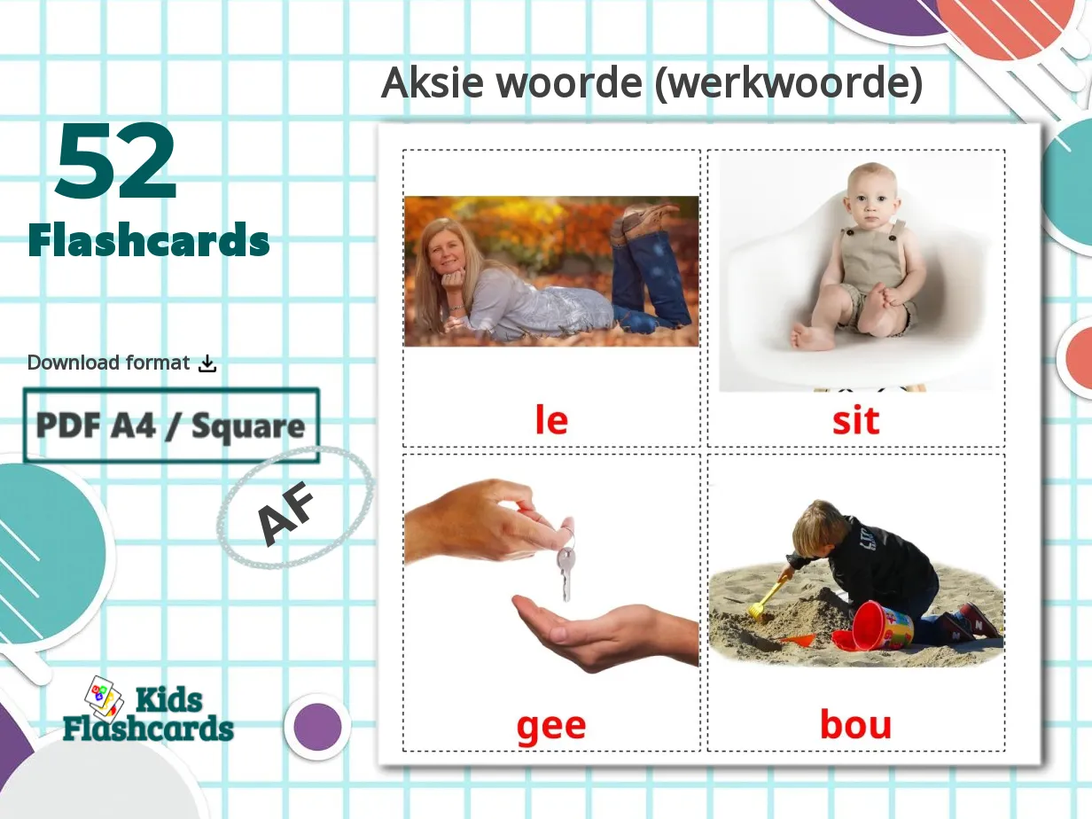 52 Printable Action verbs Flashcards in Afrikaans (Free PDF)