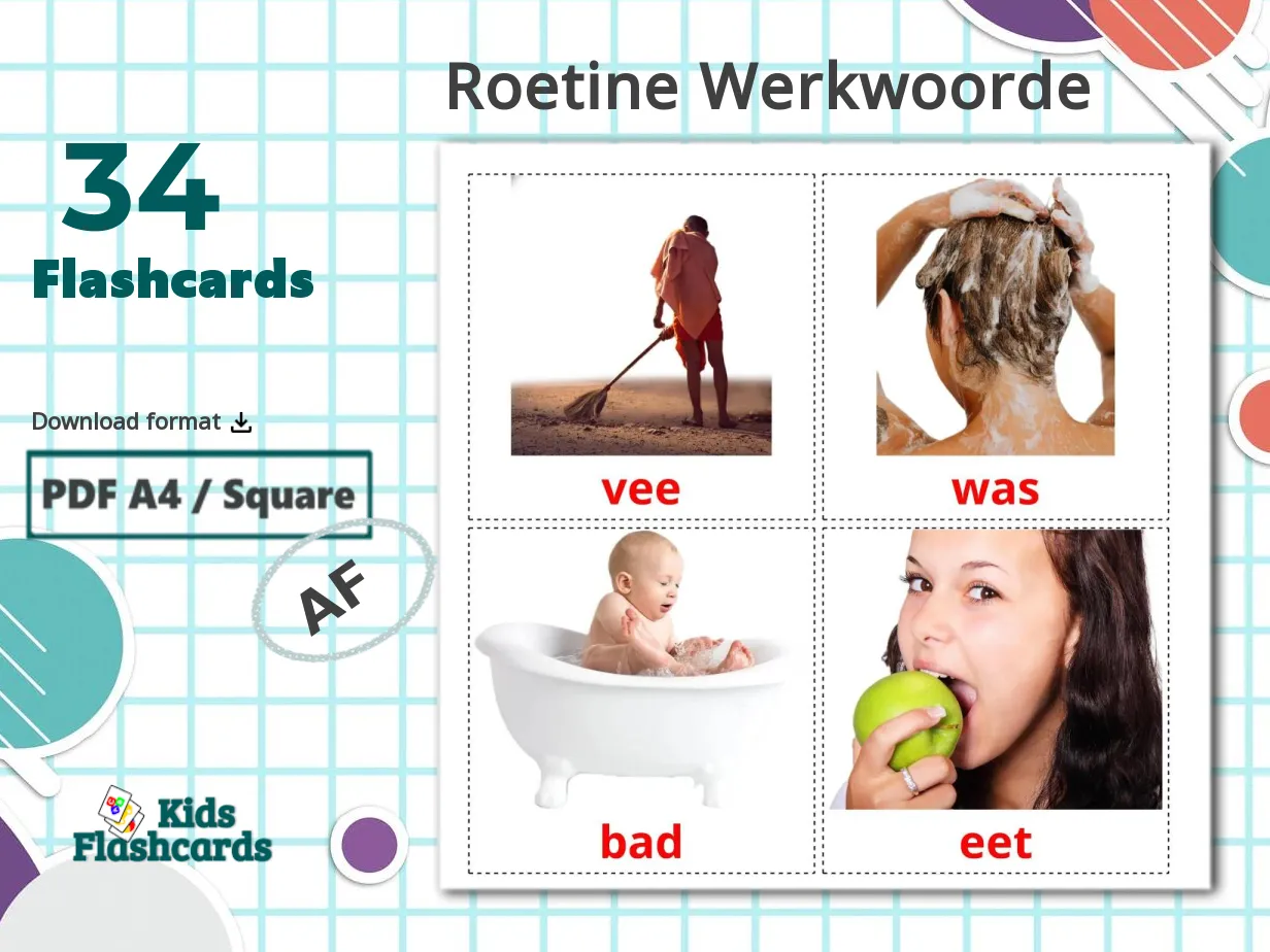 34 Printable Routine verbs Flashcards in Afrikaans (Free PDF)
