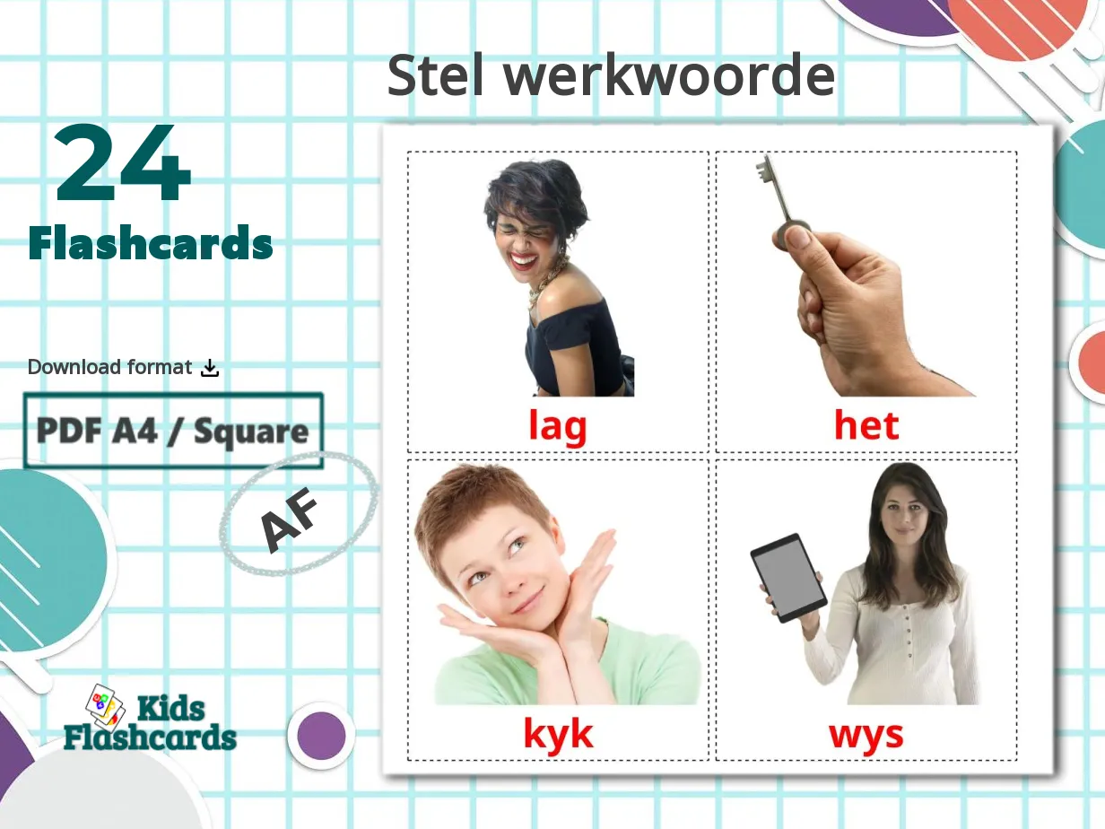 24 Printable State verbs Flashcards in Afrikaans (Free PDF)