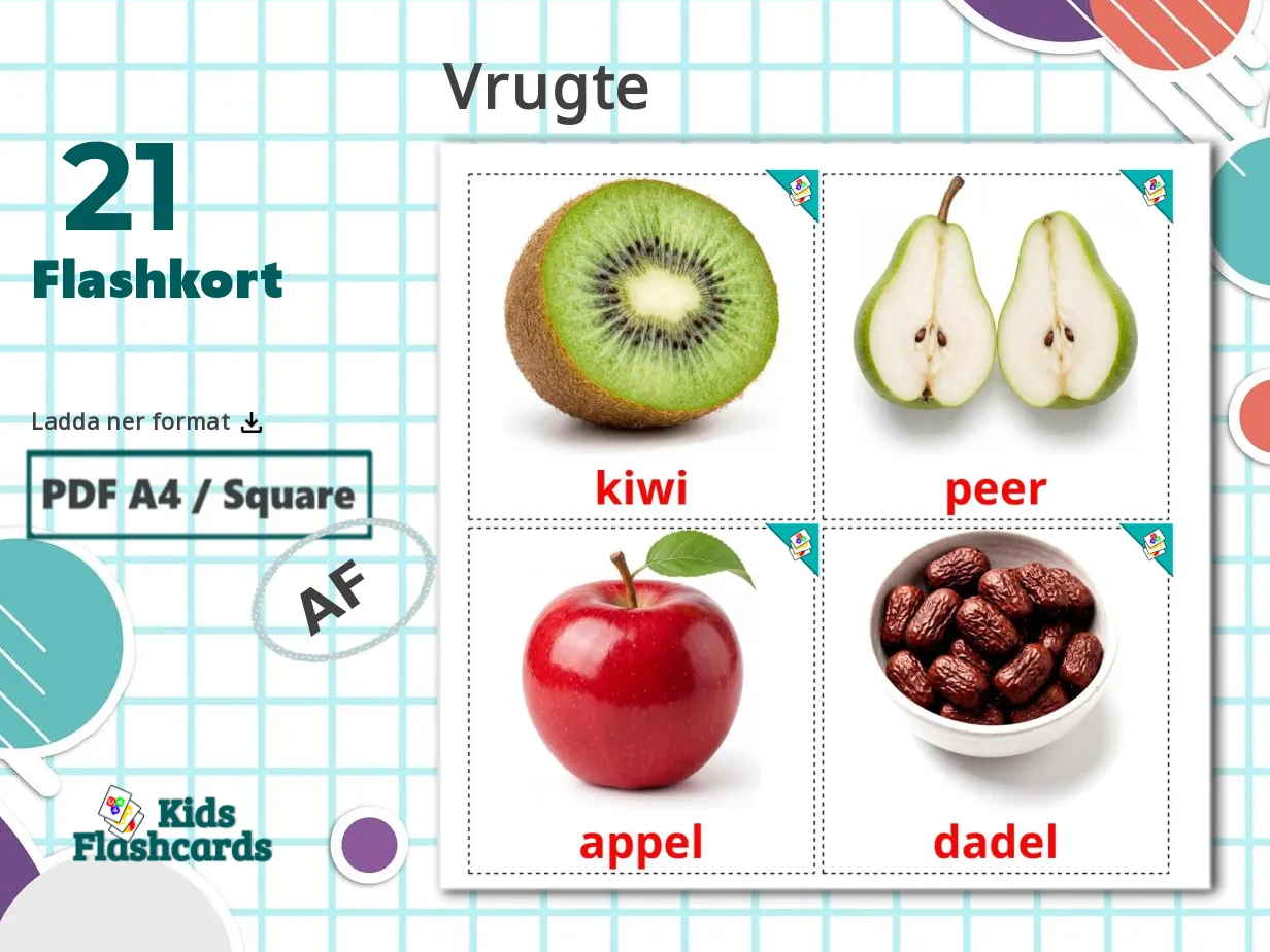 21 GRATIS Frukter bildkort i 4 PDF-format | Afrikaans bilder
