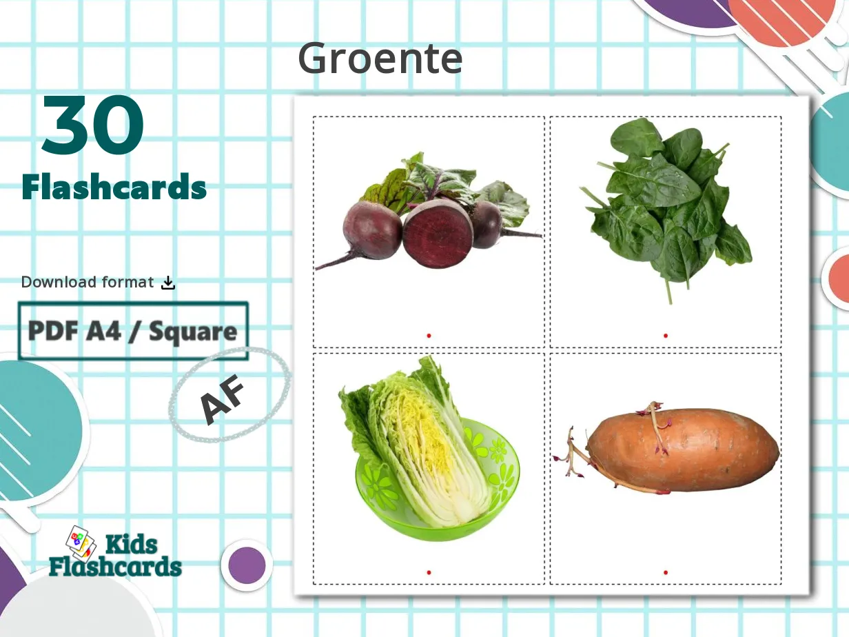 30 Printable Vegetables Flashcards in Afrikaans (Free PDF)