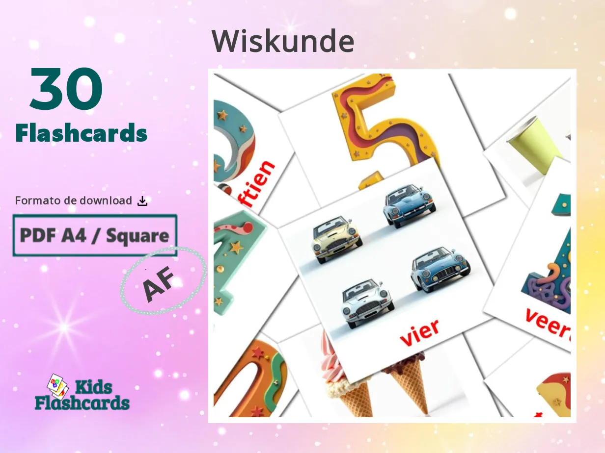 30 Flashcards de Matemática GRÁTIS em Afrikaans | 4 PDFs imprimíveis