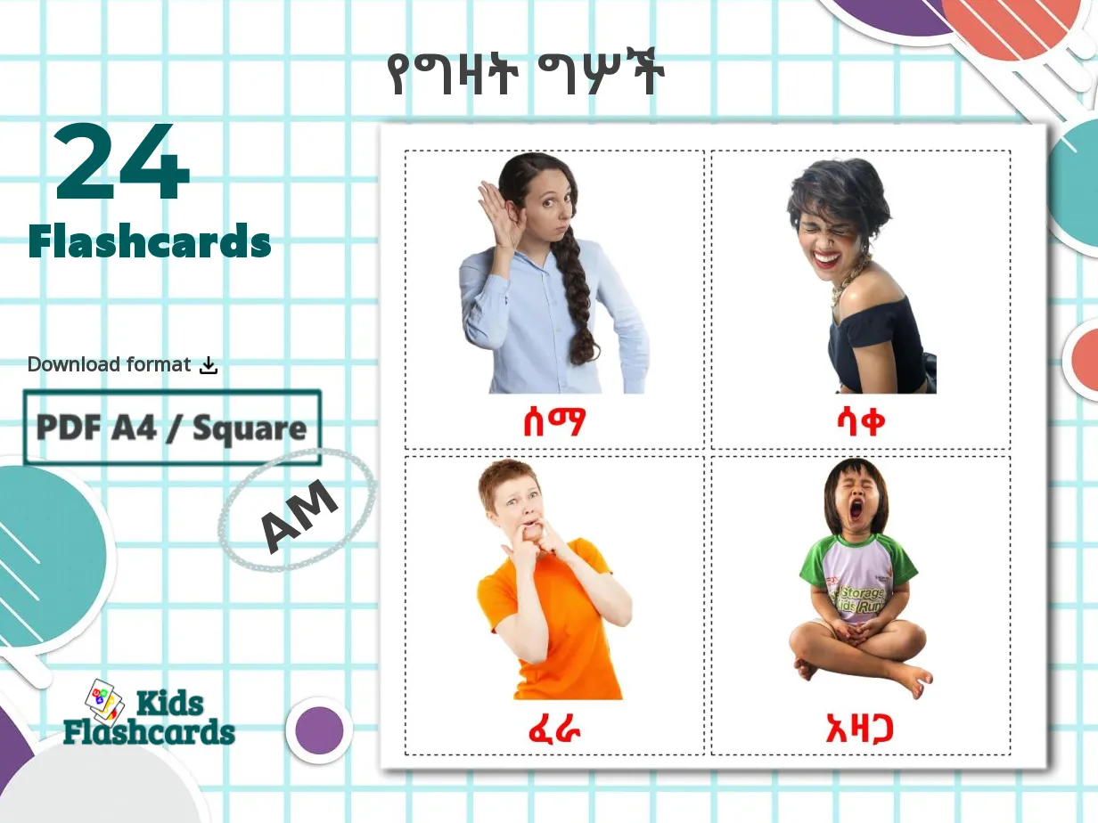 24 Printable State verbs Flashcards in Amharic (Free PDF)