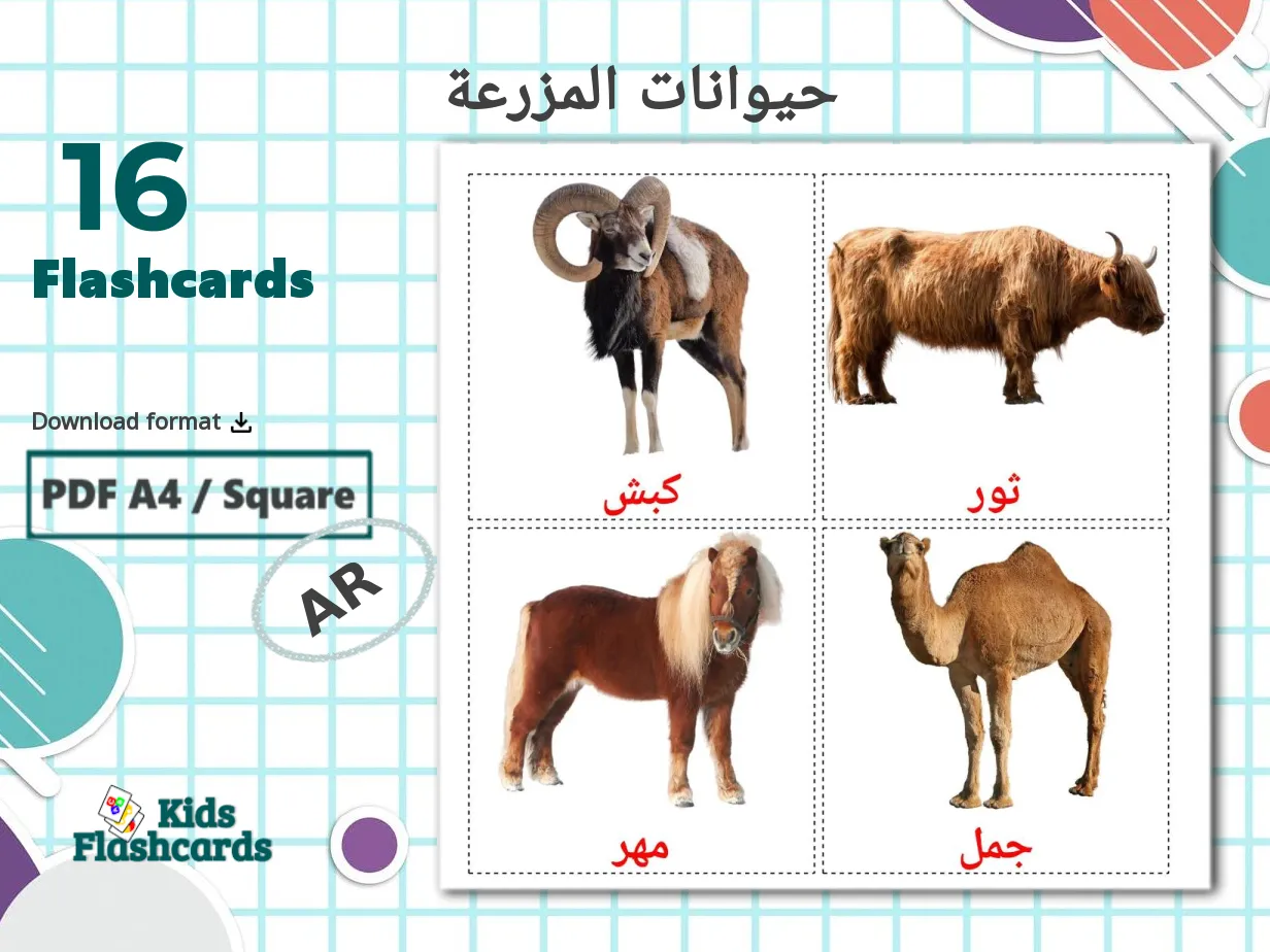 16 Printable Farm animals Flashcards in Arabic (Free PDF)