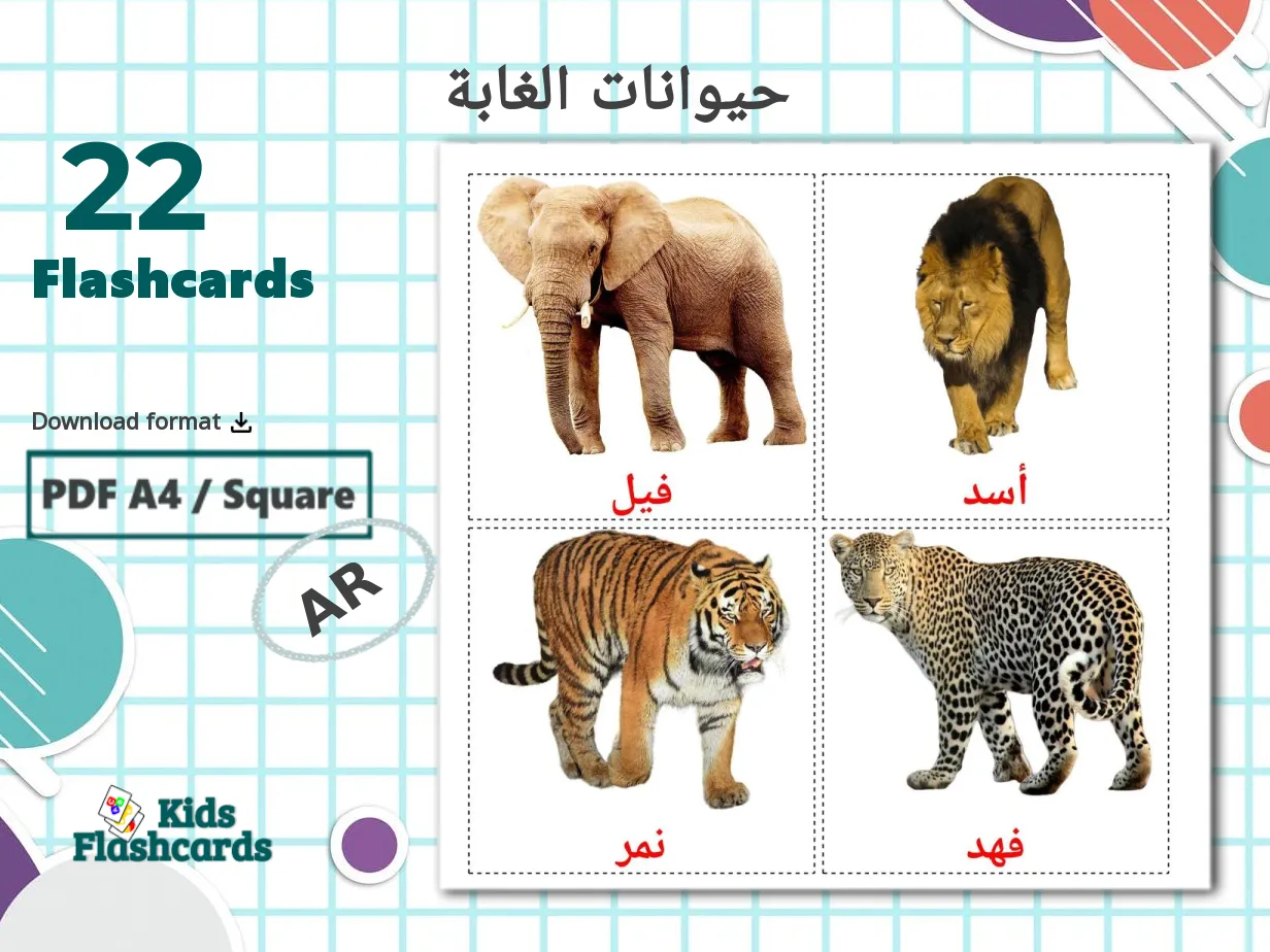 22 Printable Jungle animals Flashcards in Arabic (Free PDF)