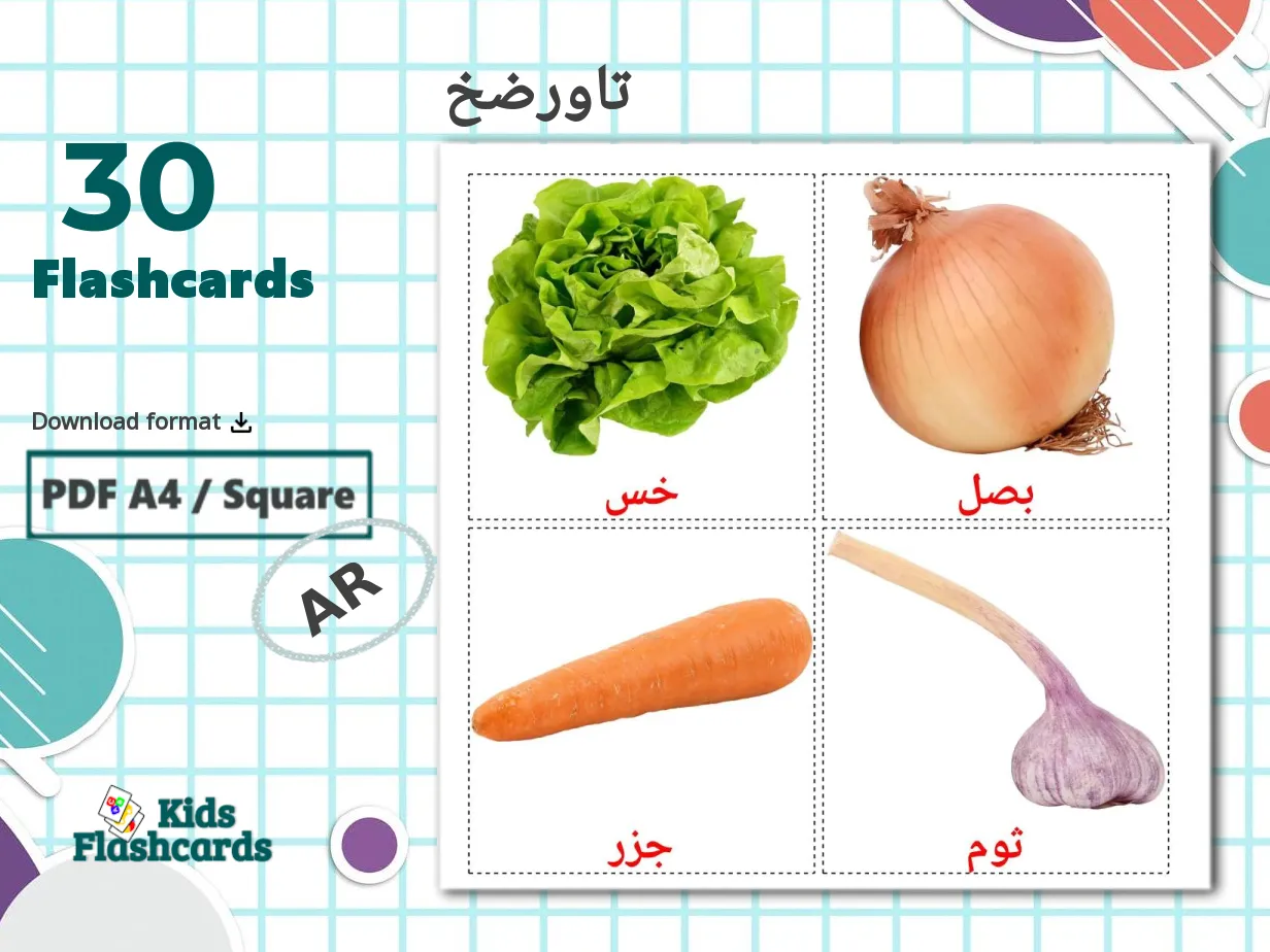 30 Printable Vegetables Flashcards in Arabic (Free PDF)