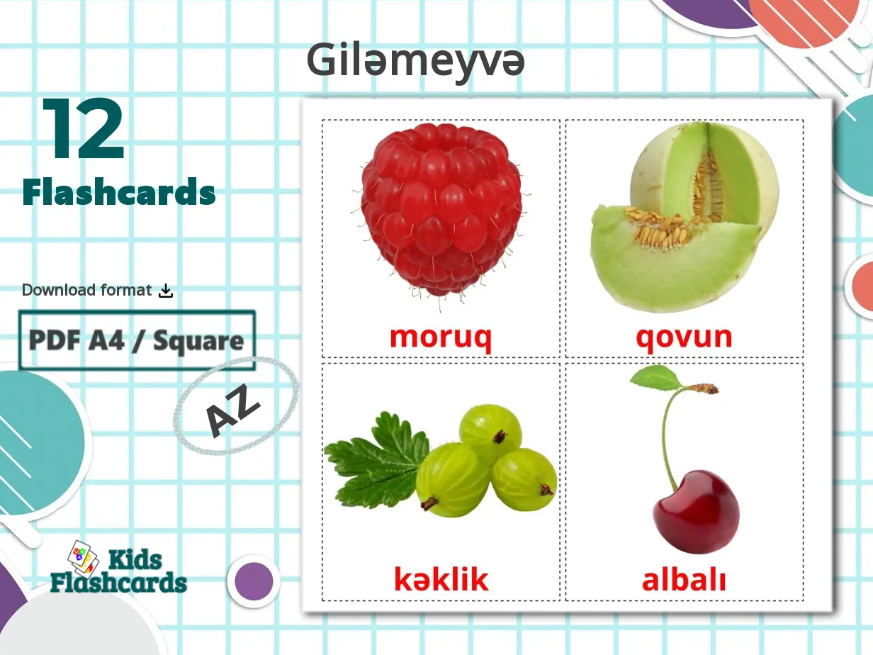 12 Printable Berries Flashcards in Azerbaijani (Free PDF)