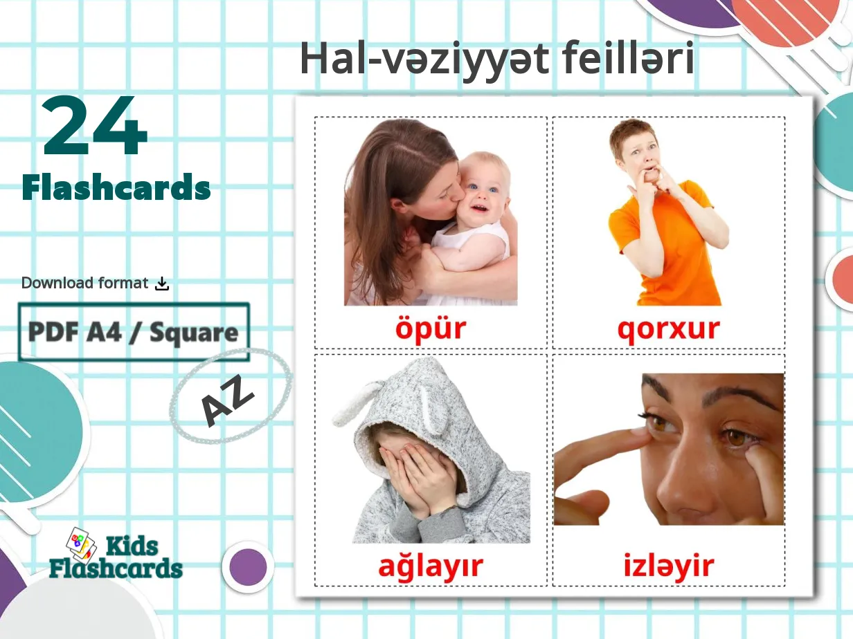 24 Printable State verbs Flashcards in Azerbaijani (Free PDF)