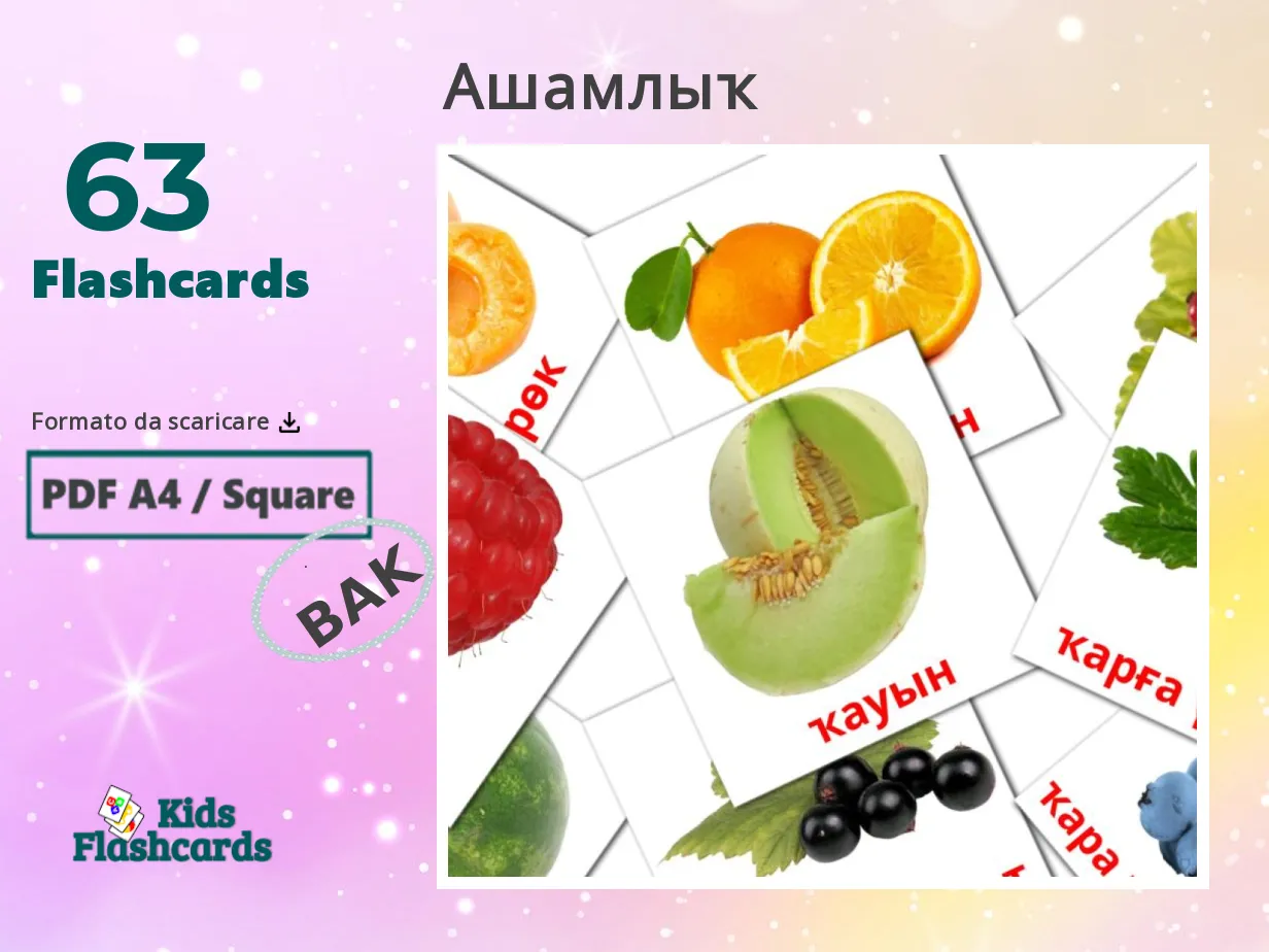 63 Flashcard GRATUITE sugli Cibo in Bashkir | 4 PDF Stampabili