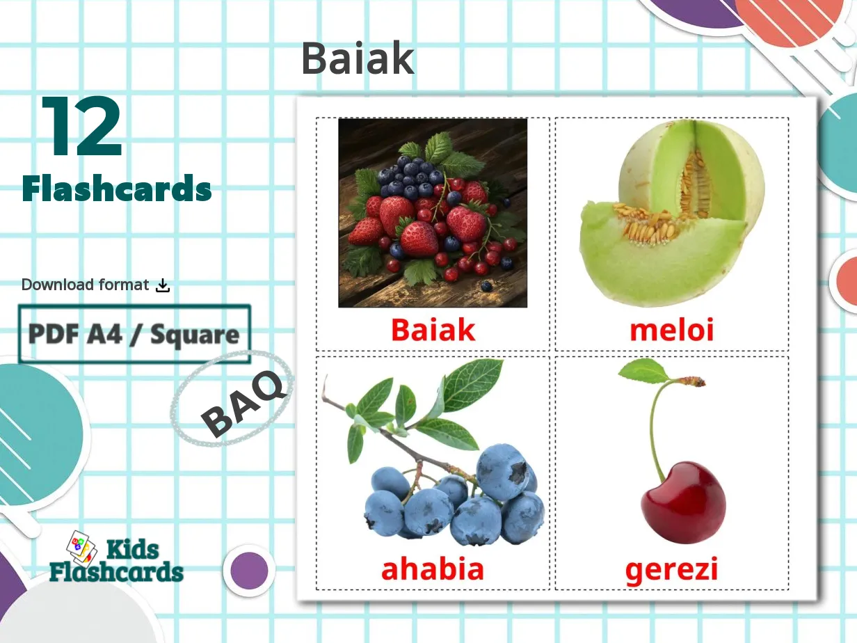 12 Printable Berries Flashcards in Basque (Free PDF)