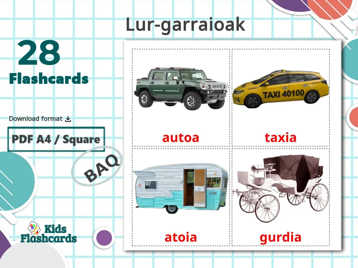 28 Printable Land transport Flashcards in Basque (Free PDF)