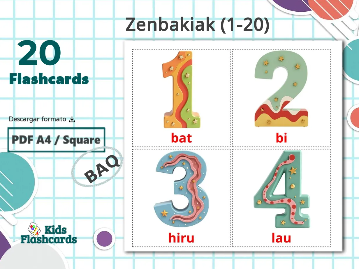 20 Tarjetas de Aprendizaje de Números (1-20) GRATIS en PDF | Imágenes en Euskera