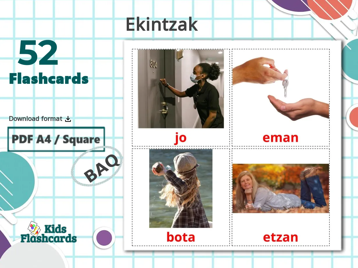 52 Printable Action verbs Flashcards in Basque (Free PDF)