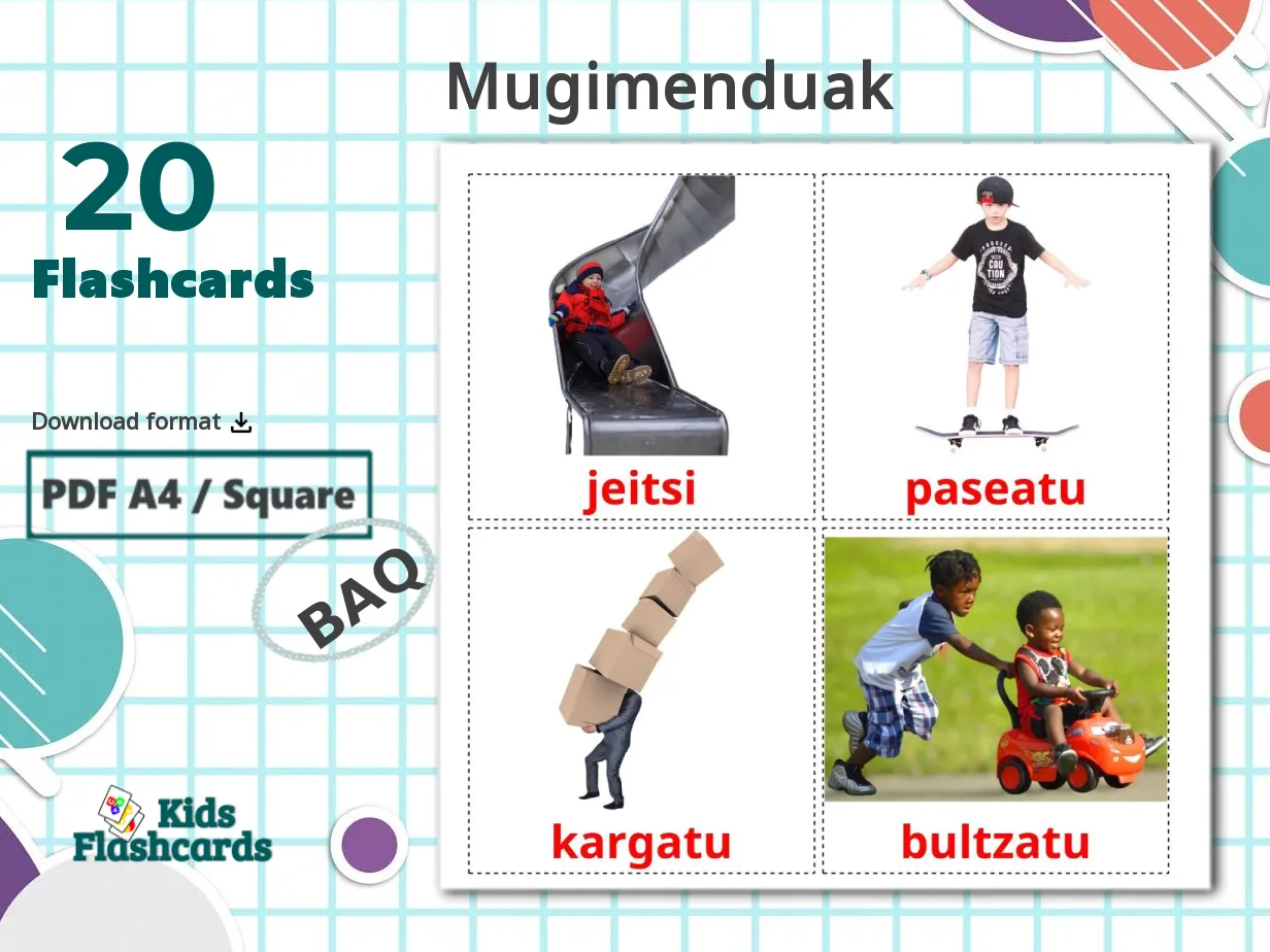 20 Printable Movement verbs Flashcards in Basque (Free PDF)