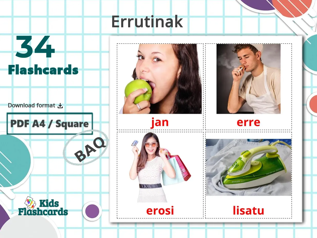 34 Printable Routine verbs Flashcards in Basque (Free PDF)