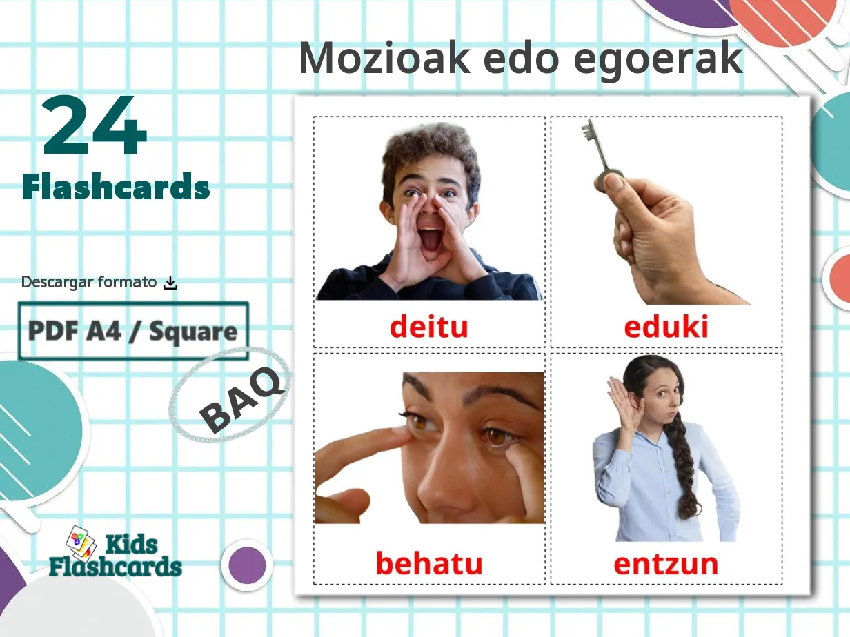 24 Tarjetas de Aprendizaje de Verbos estatales GRATIS en PDF | Imágenes en Euskera