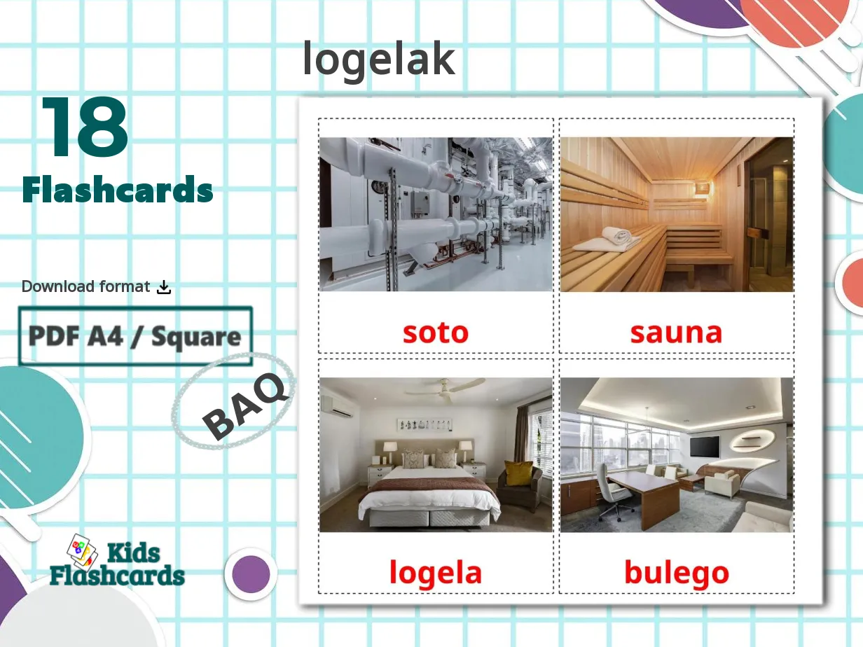 18 Printable Rooms Flashcards in Basque (Free PDF)