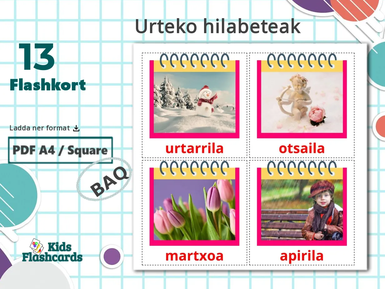 13 GRATIS Årets månader bildkort i 4 PDF-format | Baskiska bilder