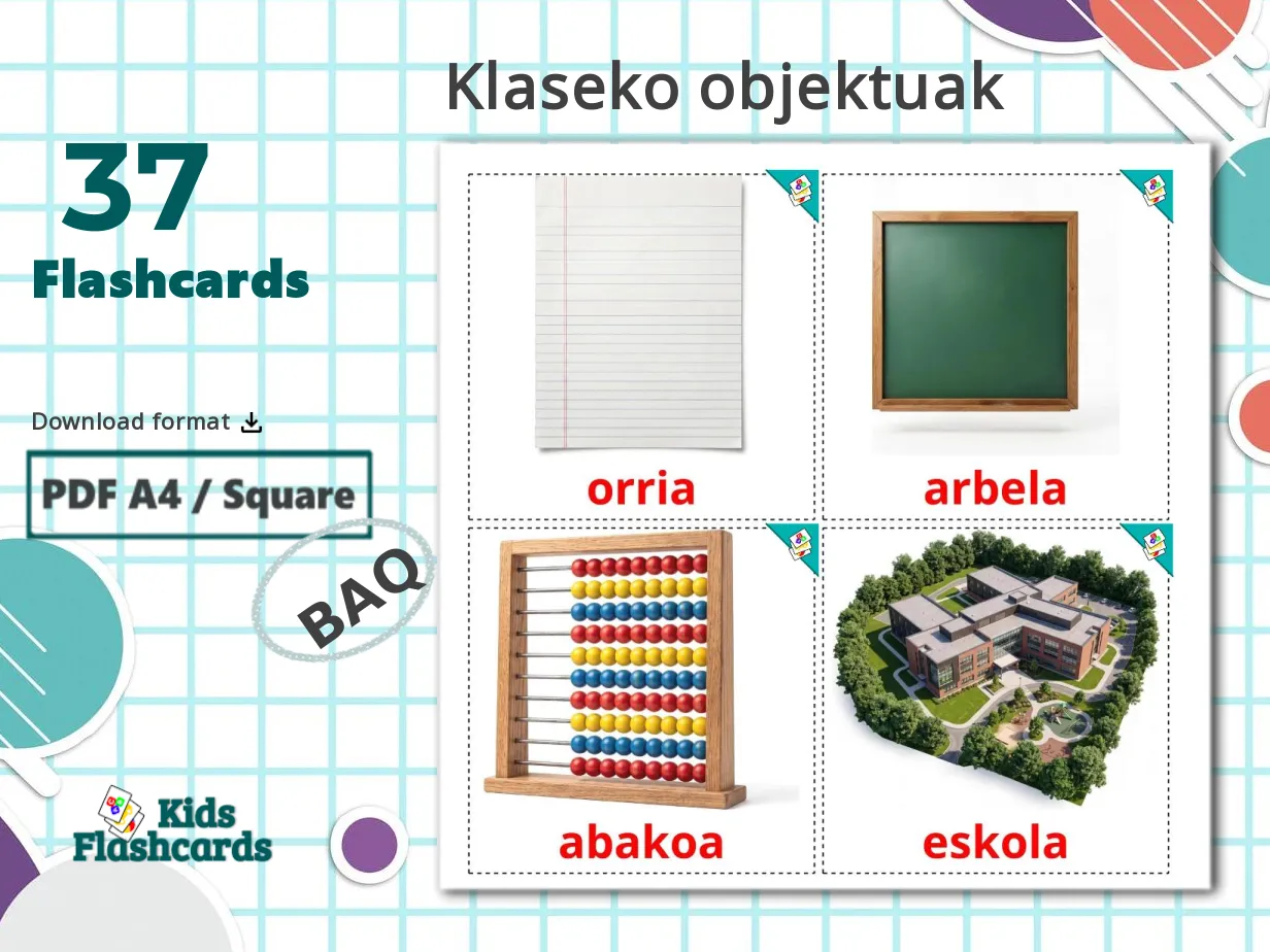 37 Printable Classroom objects Flashcards in Basque (Free PDF)