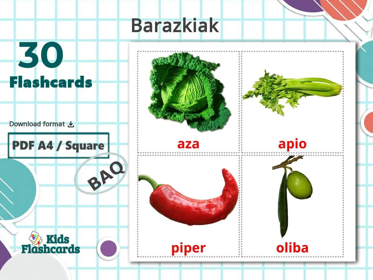 30 Printable Vegetables Flashcards in Basque (Free PDF)