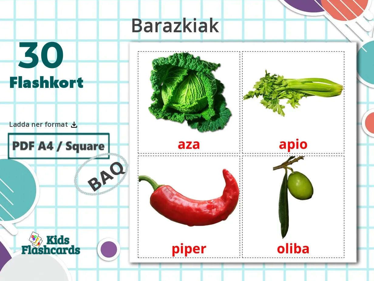30 GRATIS Grönsaker bildkort i 4 PDF-format | Baskiska bilder