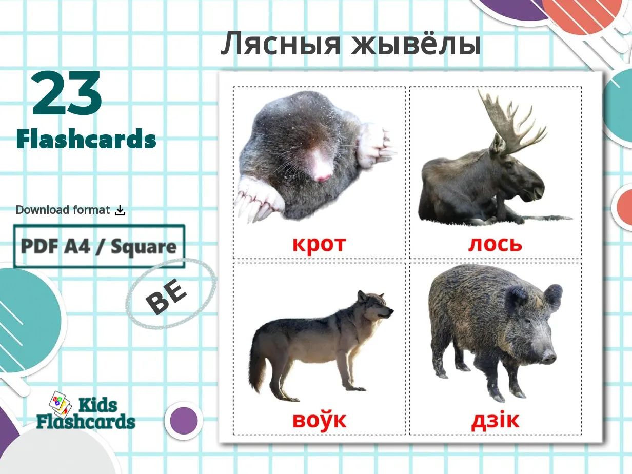 23 Printable Forest animals Flashcards in Belarusian (Free PDF)