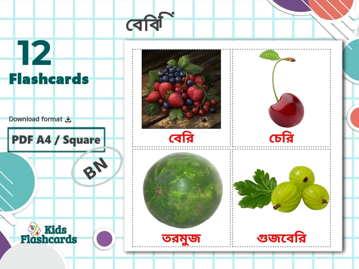 12 Printable Berries Flashcards in Bengali (Free PDF)