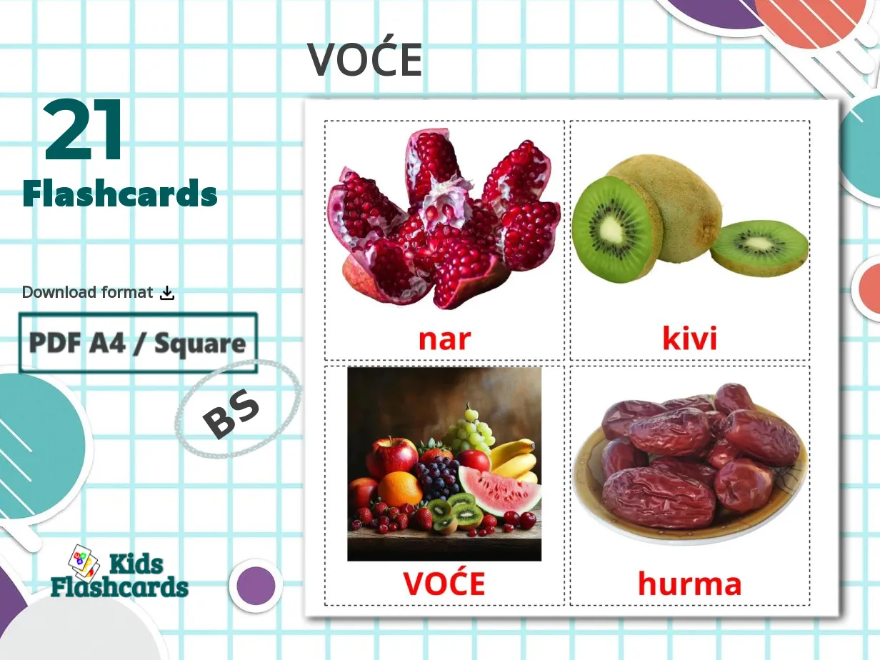 21 Printable Fruits Flashcards in Bosnian (Free PDF)
