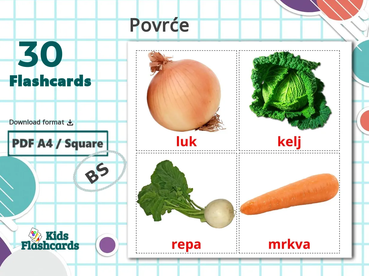 30 Printable Vegetables Flashcards in Bosnian (Free PDF)