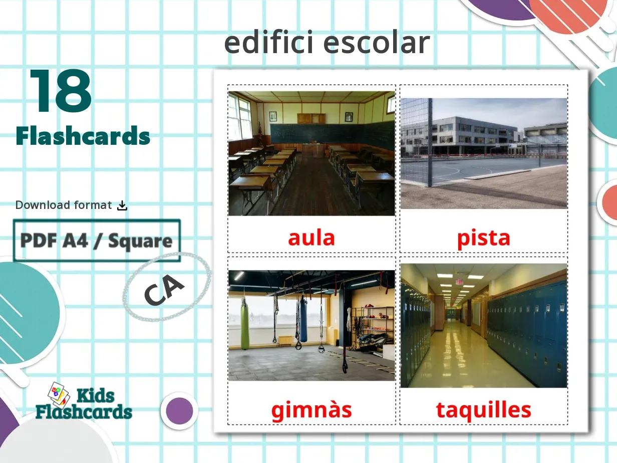 18 Printable School building Flashcards in Catalan (Free PDF)