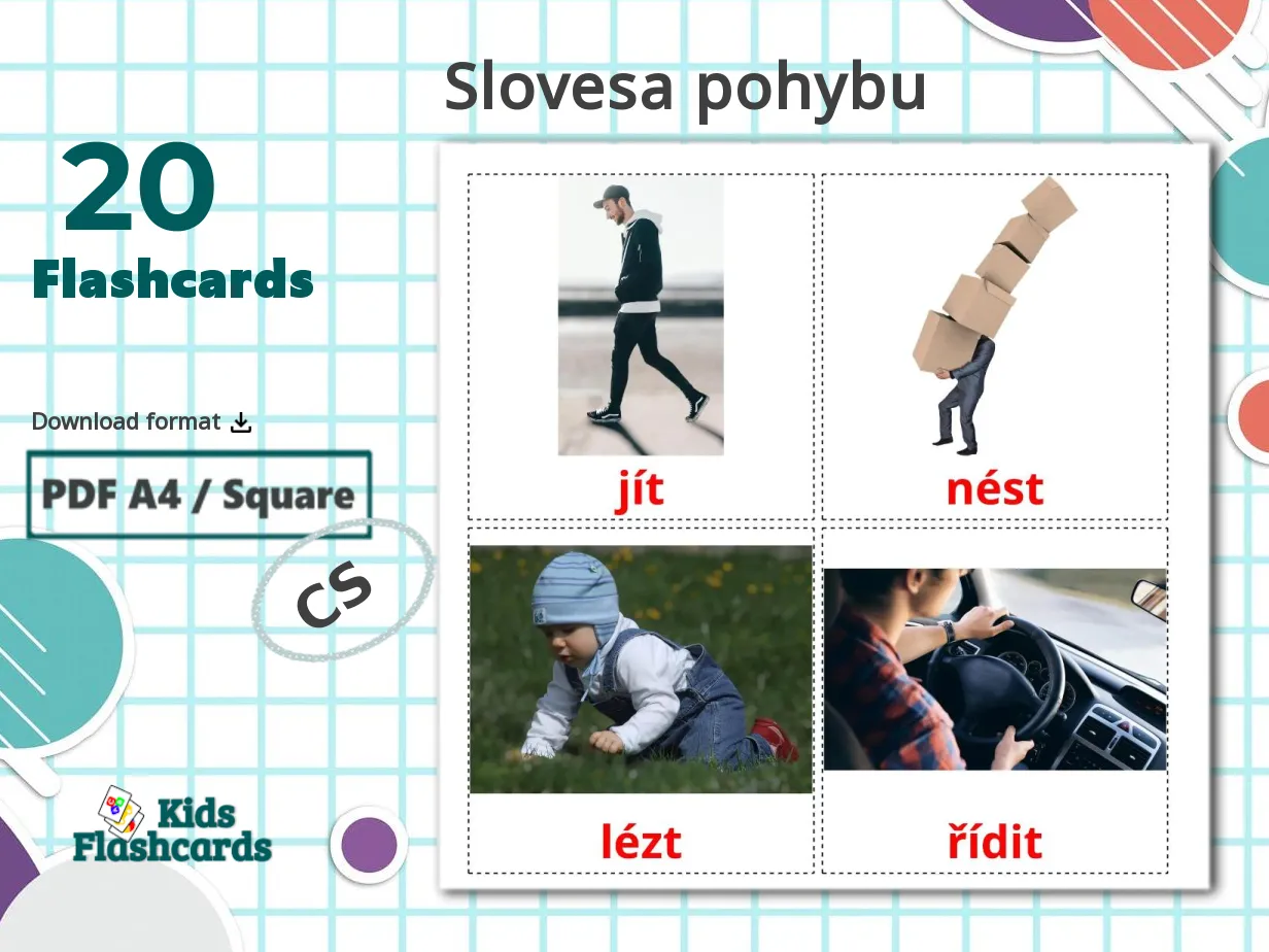 20 Printable Movement verbs Flashcards in Czech (Free PDF)