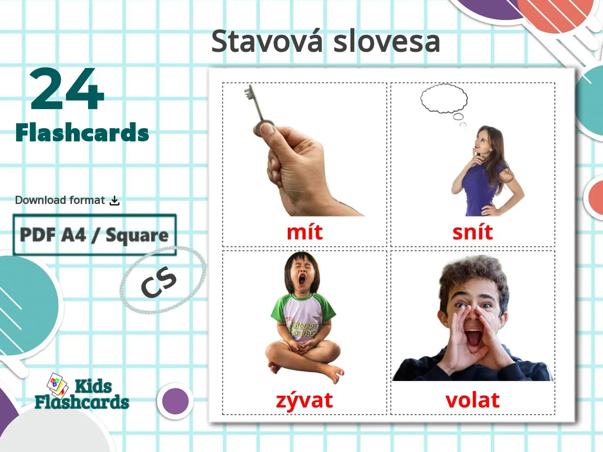 24 Printable State verbs Flashcards in Czech (Free PDF)
