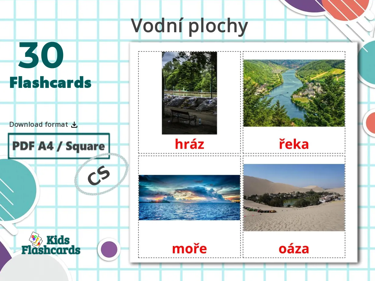 30 Printable Bodies of Water Flashcards in Czech (Free PDF)