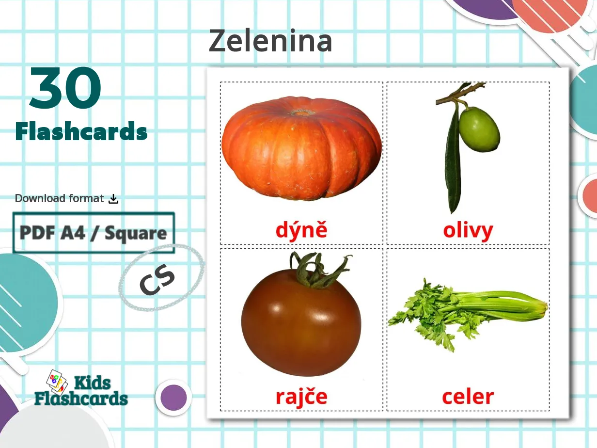 30 Printable Vegetables Flashcards in Czech (Free PDF)