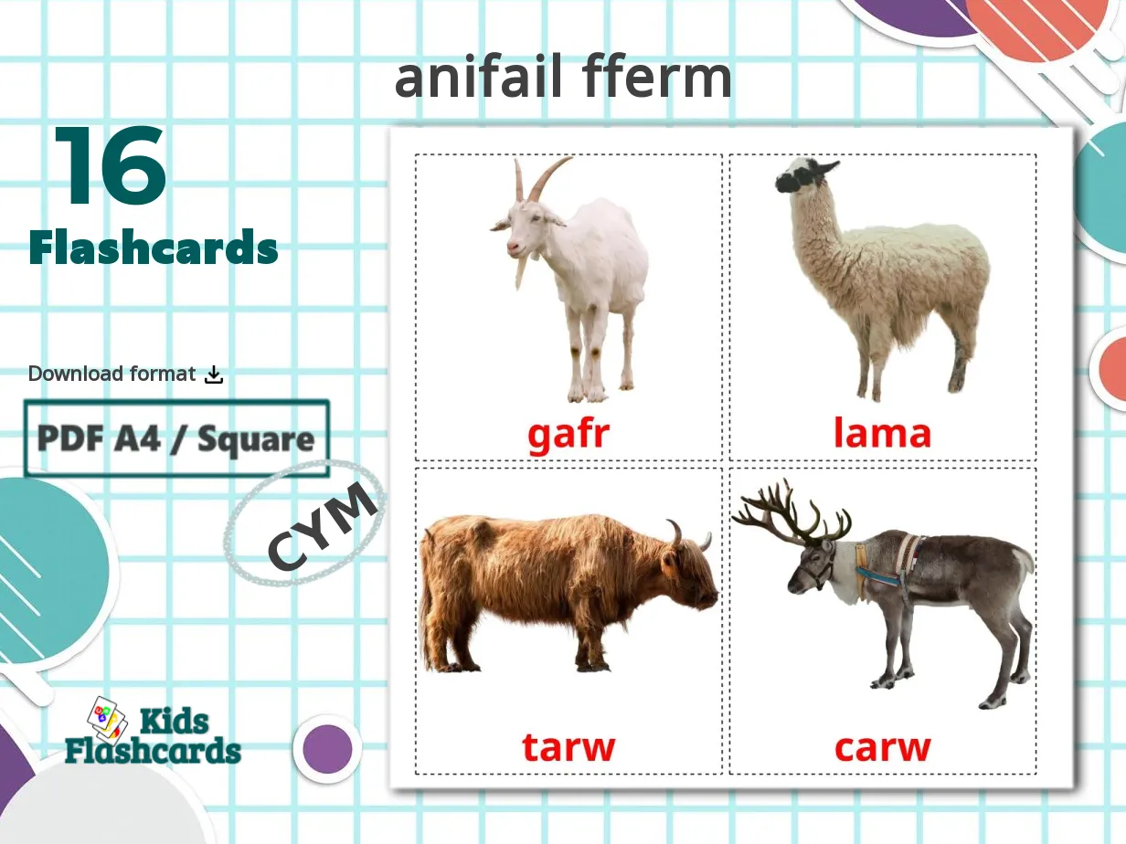 16 Printable Farm animals Flashcards in Welsh (Free PDF)