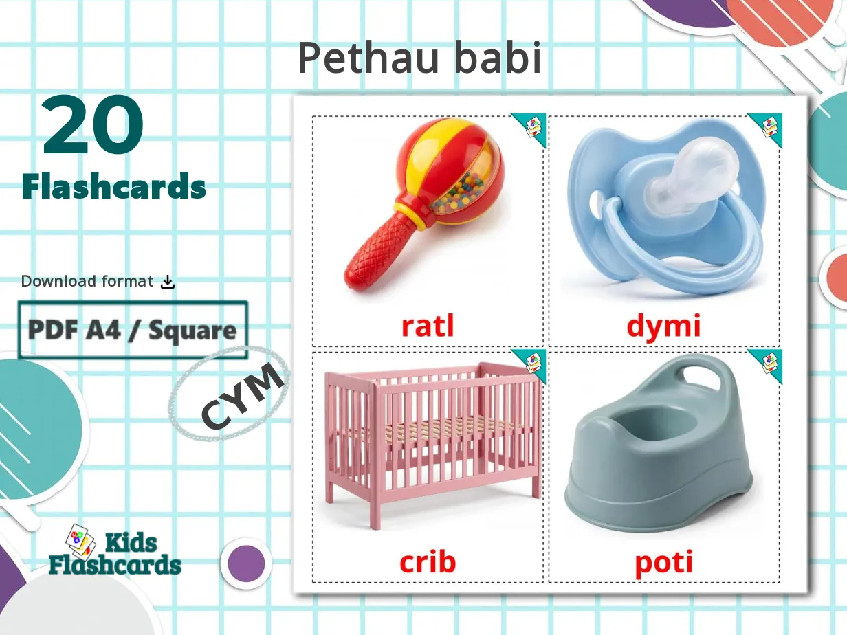 20 Printable Baby things Flashcards in Welsh (Free PDF)