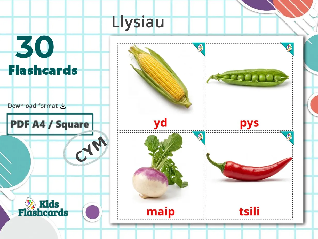 30 Printable Vegetables Flashcards in Welsh (Free PDF)