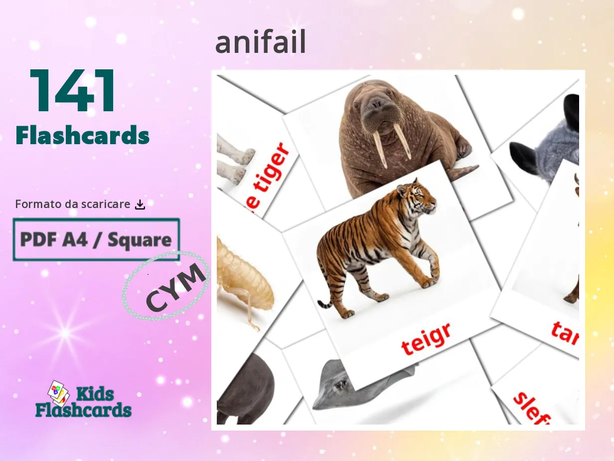 118 Flashcard GRATUITE sugli Animali in Gallese | 4 PDF Stampabili
