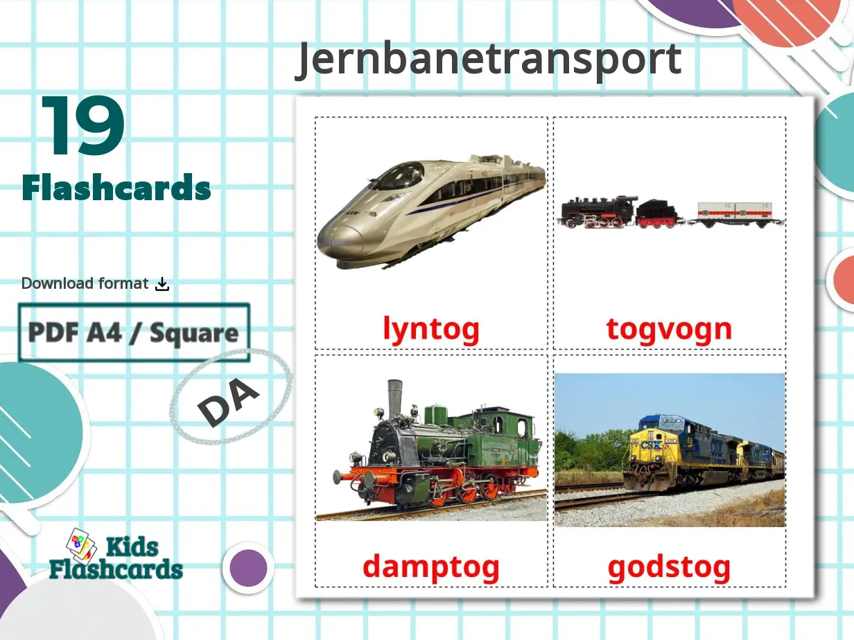 19 Printable Rail transport Flashcards in Dansk (Free PDF)