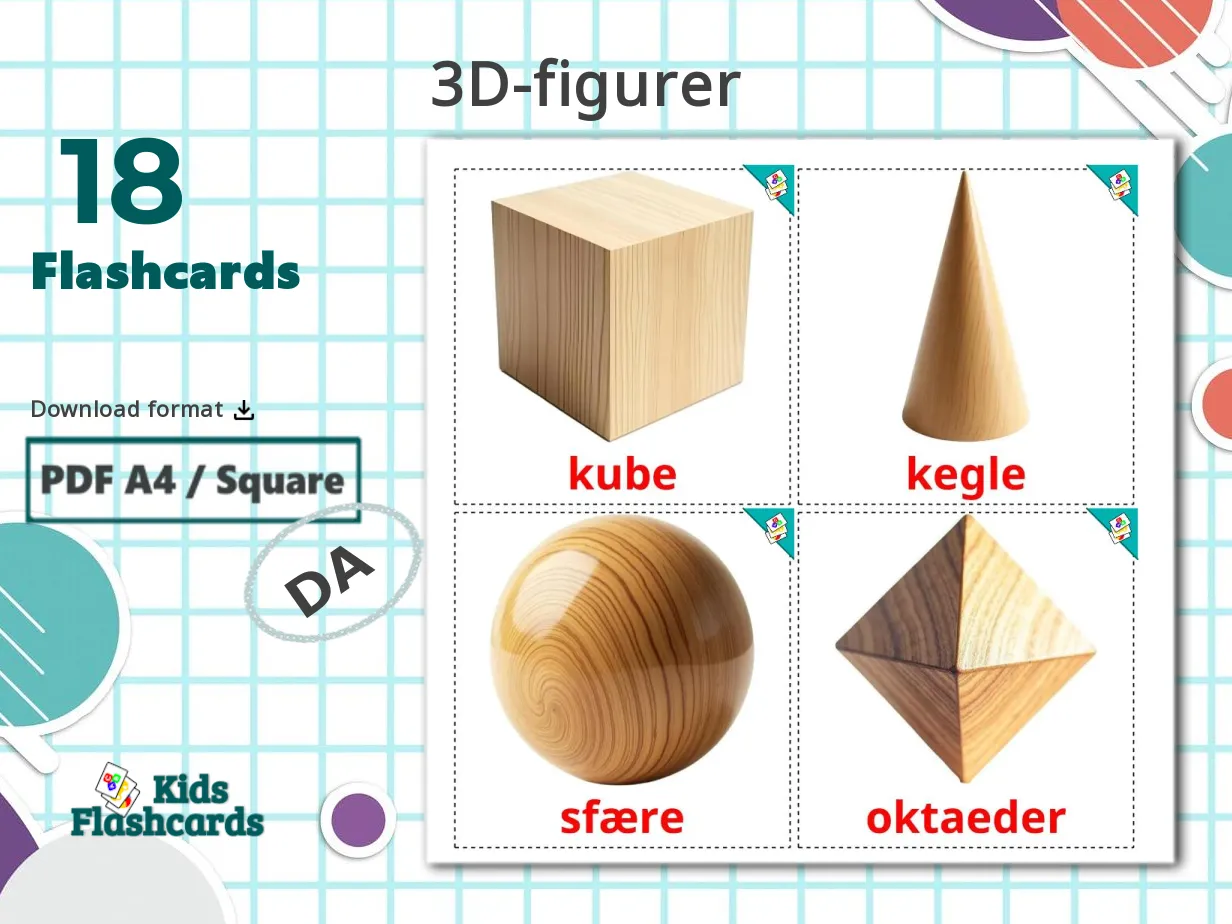 18 Printable 3D Shapes Flashcards in Dansk (Free PDF)