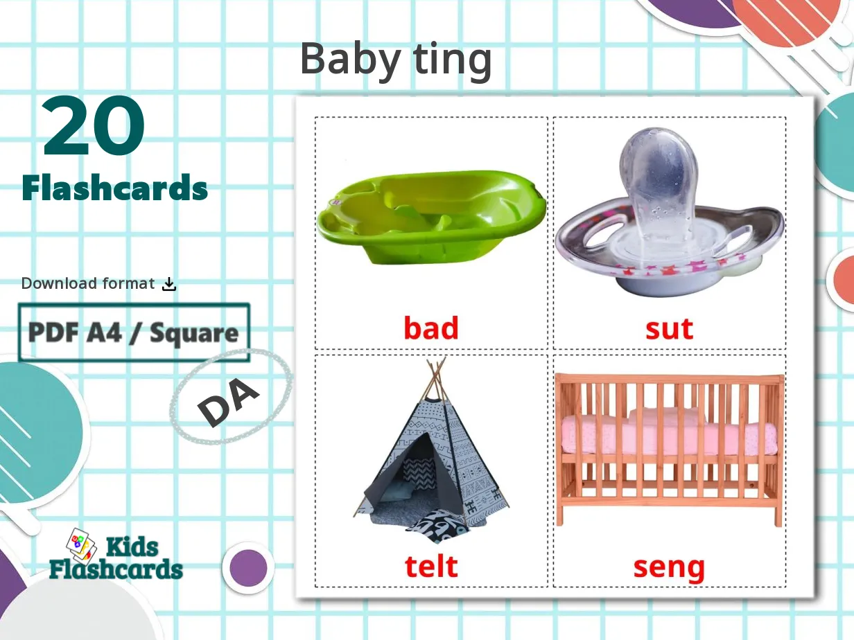 20 Printable Baby things Flashcards in Dansk (Free PDF)
