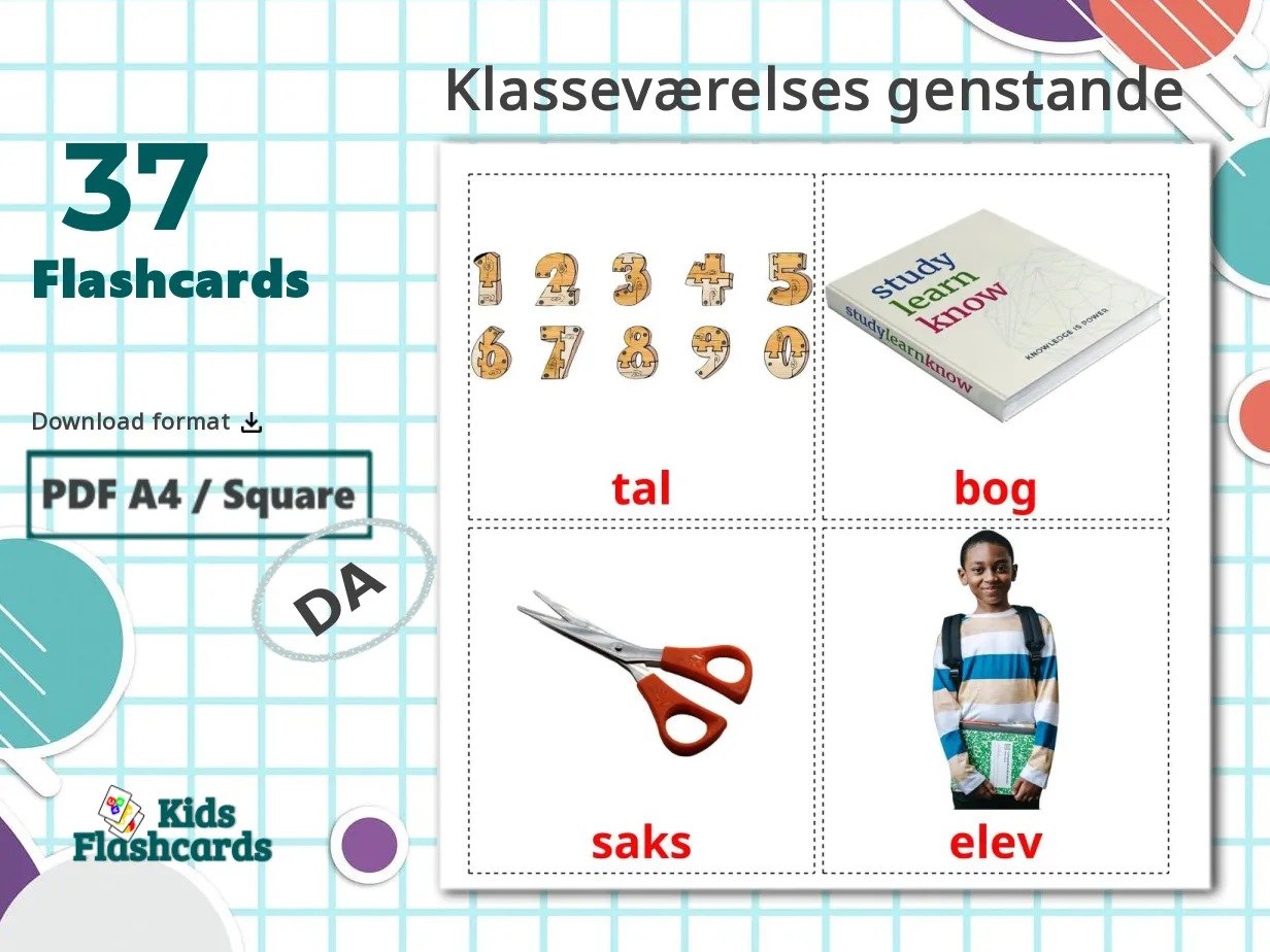 37 Printable Classroom objects Flashcards in Dansk (Free PDF)
