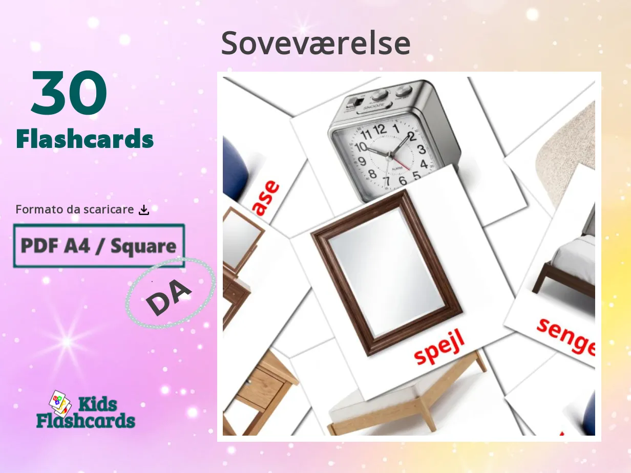 30 Flashcard GRATUITE sugli Camera da letto in Dansk | 4 PDF Stampabili