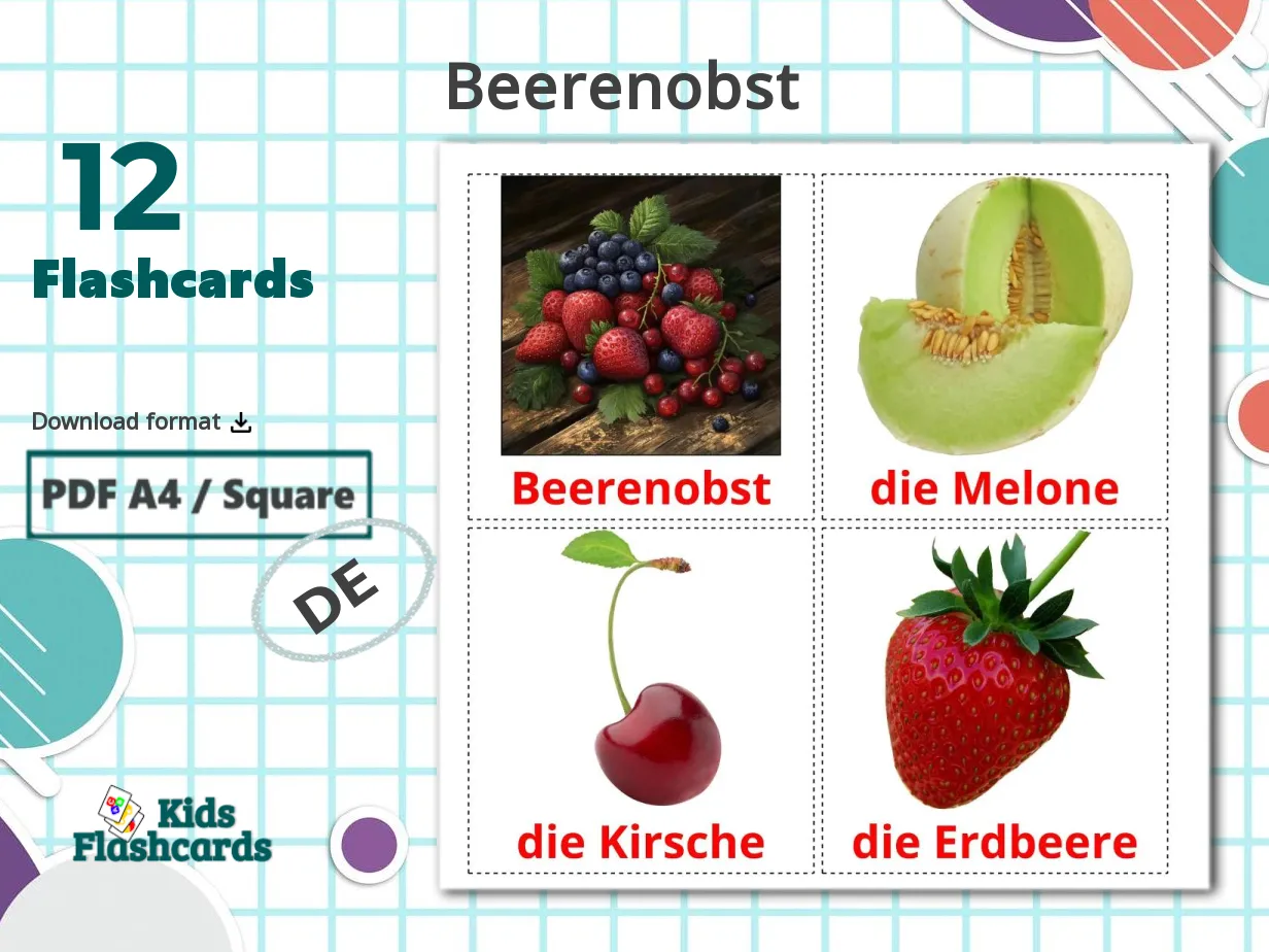 12 Printable Berries Flashcards in German (Free PDF)