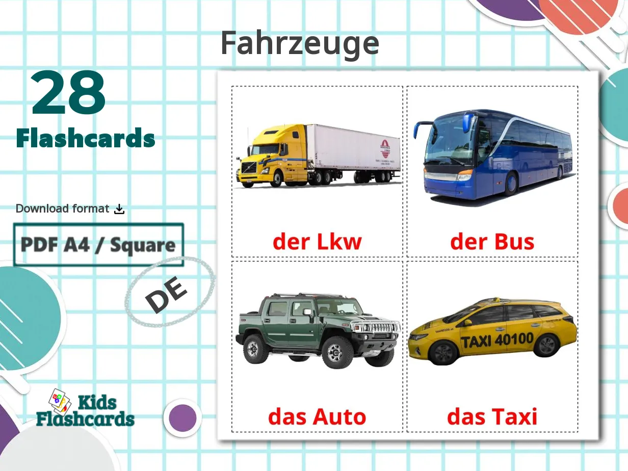 28 Printable Land transport Flashcards in German (Free PDF)
