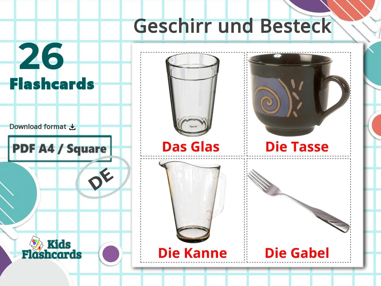 26 Printable Crockery and cutlery Flashcards in German (Free PDF)