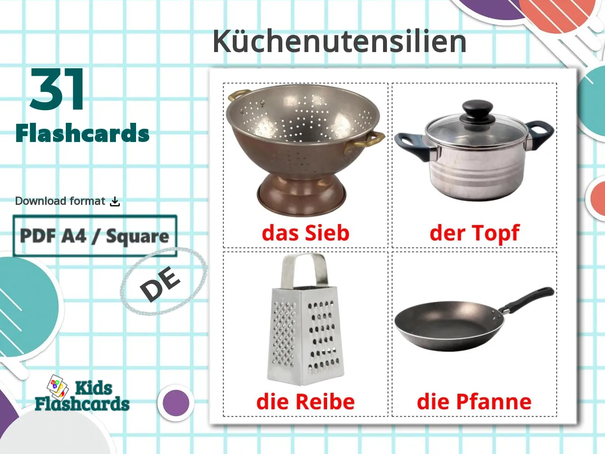 31 Printable Kitchenware Flashcards in German (Free PDF)