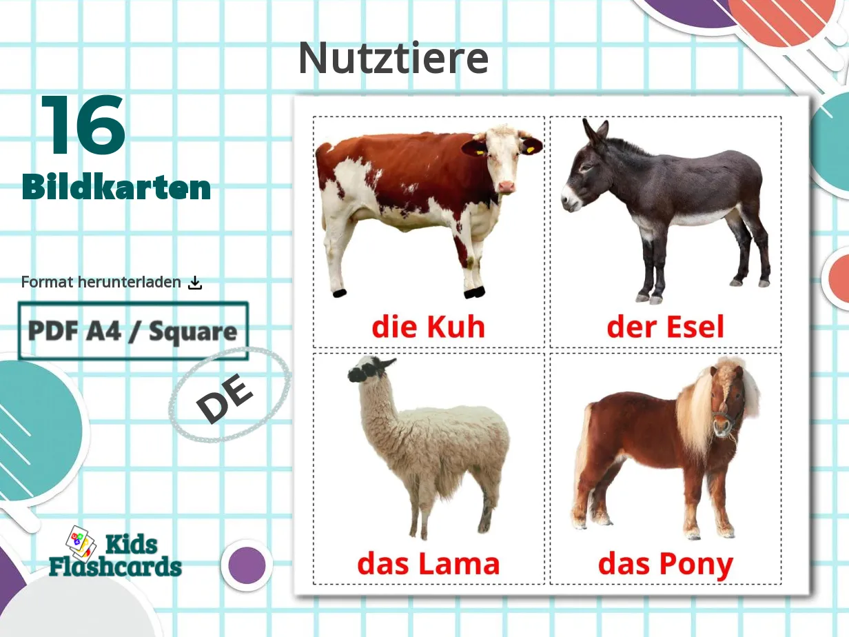 16 Nutztiere Bildkarten in PDF | Deutsch Bilder