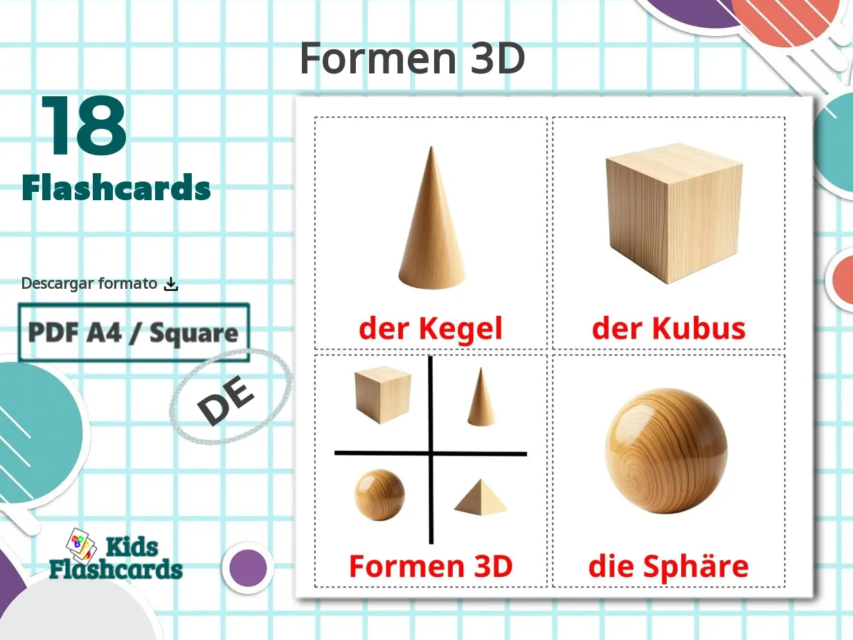 18 Tarjetas de Aprendizaje de Formas 3D GRATIS en PDF | Imágenes en Alemán